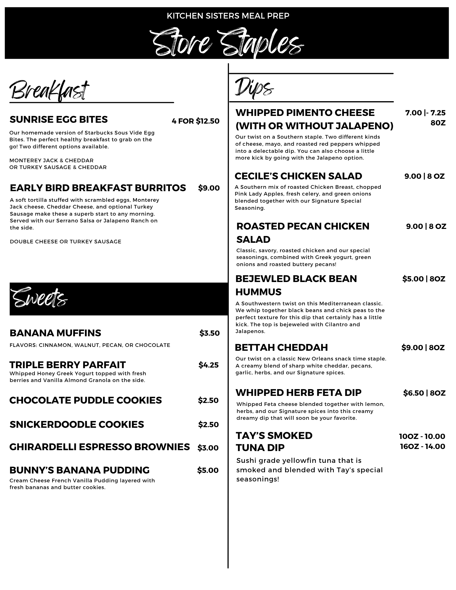 Staples Menu – Kitchen Sisters Meal Prep