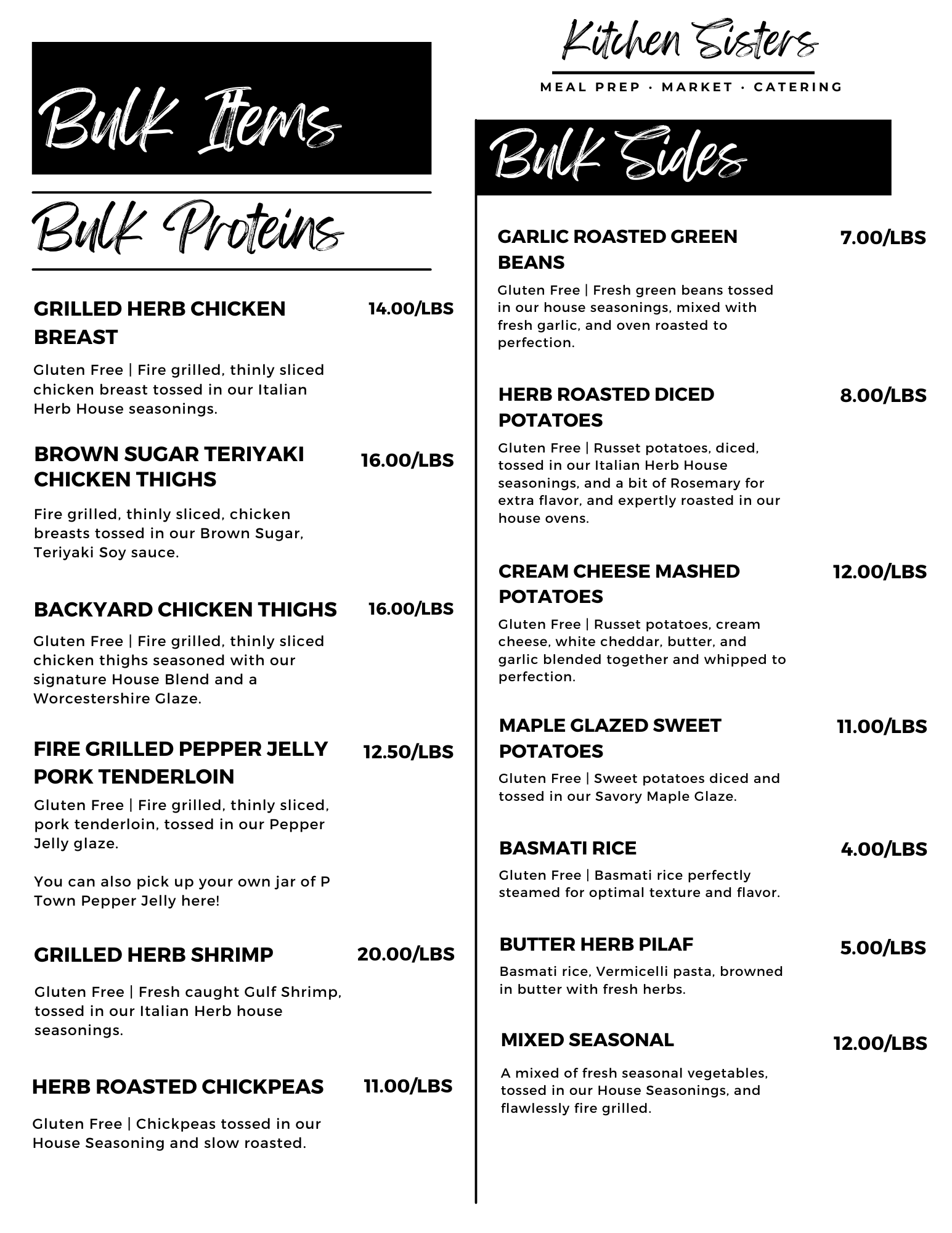Meal Prep Menu – Kitchen Sisters Meal Prep